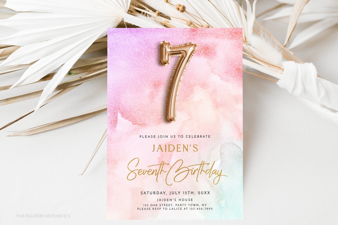Rainbow Pastel 7th Birthday Invitation Template, Rainbow Sky Watercolor ...