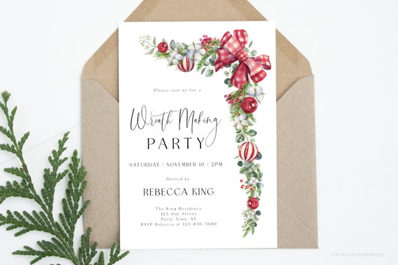 Christmas Wreath Making Party Invitation Template, Editable Holiday ...
