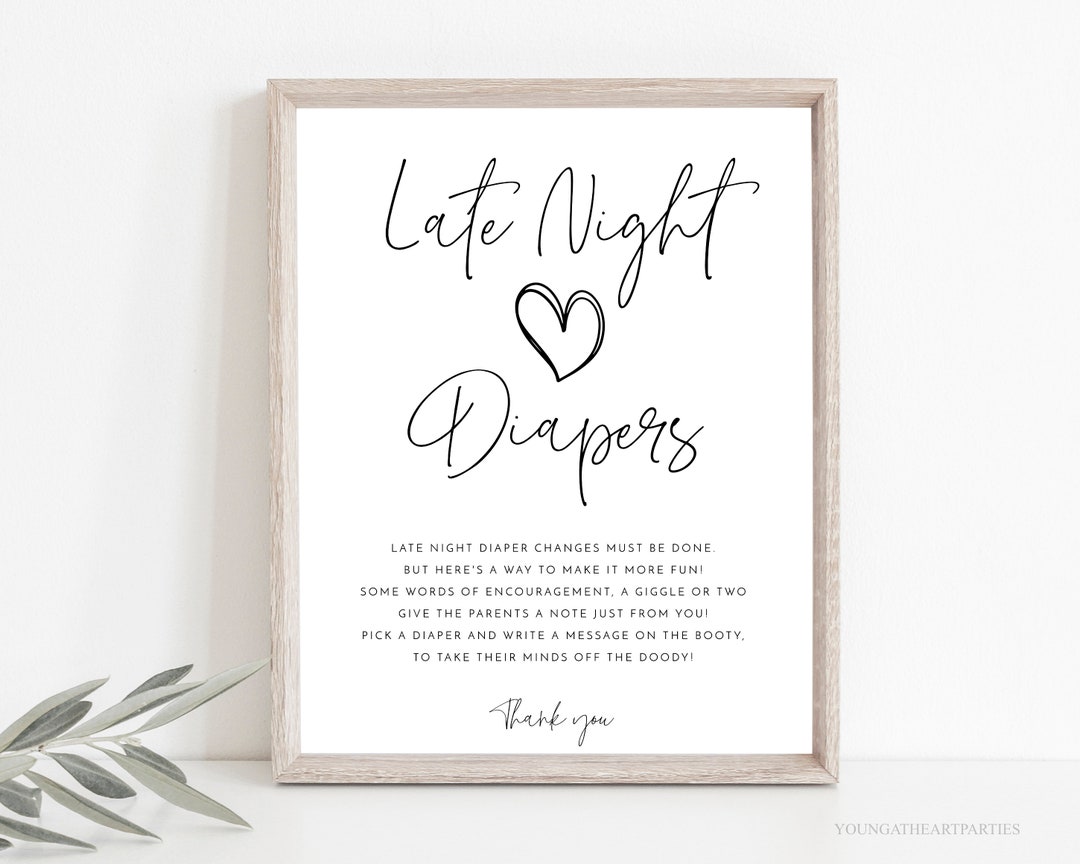 Editable Late Night Diapers Sign, Minimalist Baby Shower Game Template ...