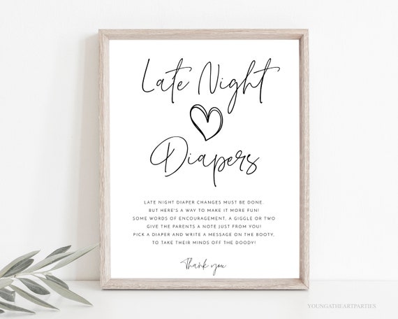 Editable Late Night Diapers Sign, Minimalist Baby Shower Game Template ...