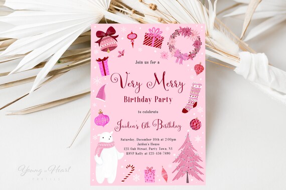 Editable Pink Christmas Birthday Party Invitation, Any Age Girl's ...