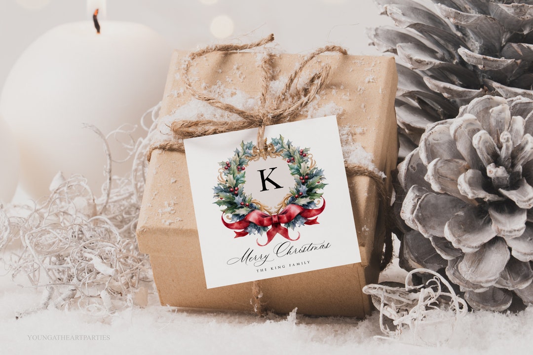 Christmas Family Crest Gift Tag Template, Holiday Wreath Label ...
