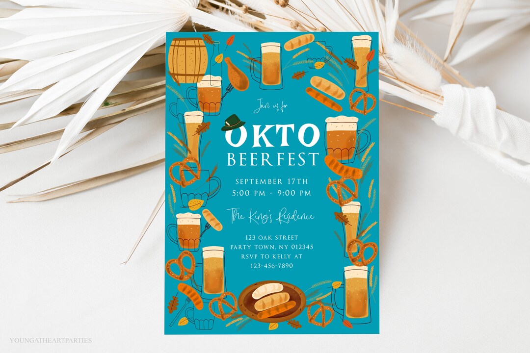Oktoberfest Invitation Template, Blue Bavarian Party, Beer Pretzels ...