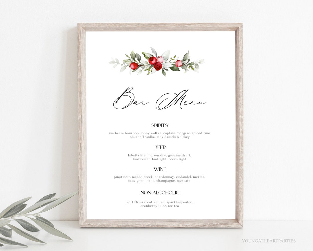 Elegant Christmas Bar Menu Template, Holly Berry Christmas Bar Sign ...