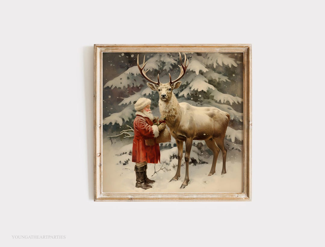Victorian Santa With Reindeer in Snowy Treed Forest Wall Art Print ...