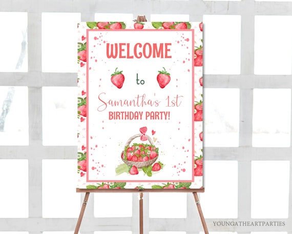 Strawberry Welcome Sign, Berry Sweet Birthday, Strawberry Birthday ...