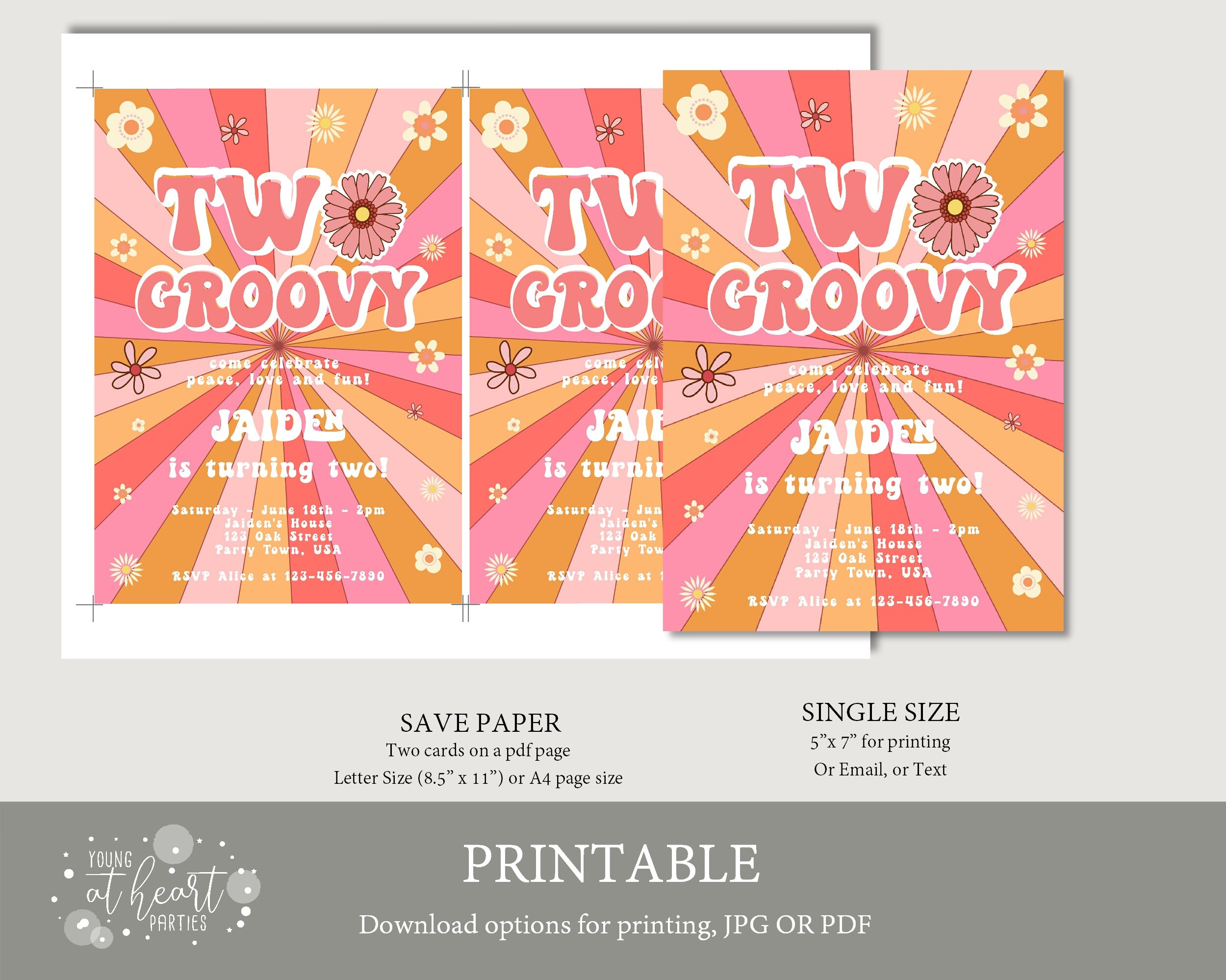Two Groovy Birthday Party Invitation Template Peace Love - Etsy