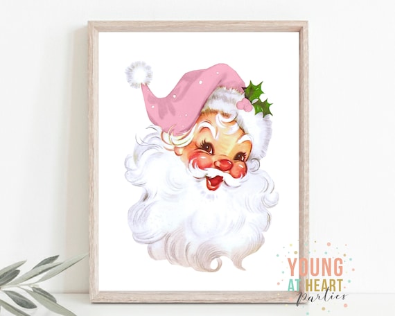Pink Santa Print, Pink Christmas Printables, Christmas Prints, Vintage ...