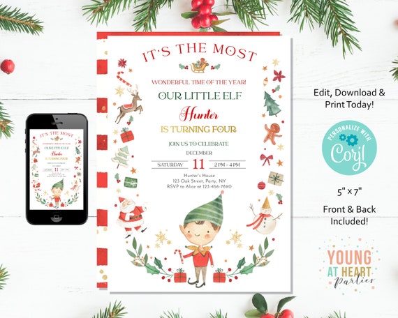 Editable Christmas Birthday Party Invitation Elf Birthday Invite Winter ...