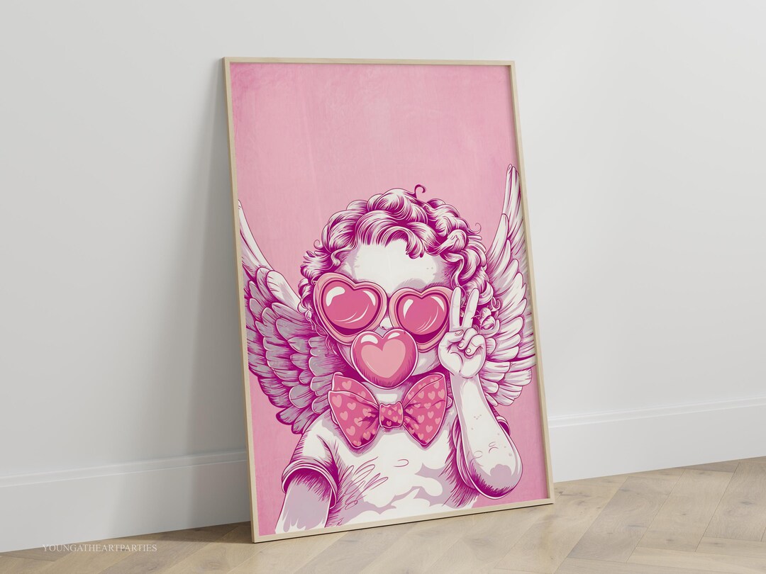 Trendy Pink Cupid Print, Pink Valentines Day Decor, Romantic Love Wall ...