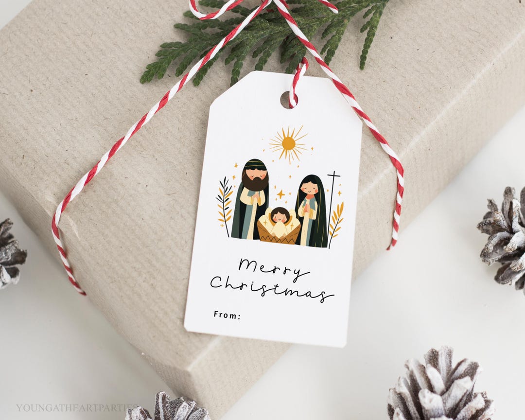Nativity Scene Christian Christmas Gift Tags, Printable Religious Merry ...