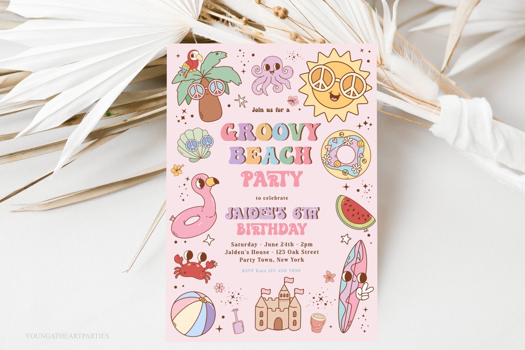 Groovy Beach Birthday Invitation, Cute Retro Girls Beach Birthday ...