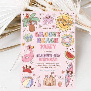 Groovy Beach Birthday Invitation, Cute Retro Girls Beach Birthday ...