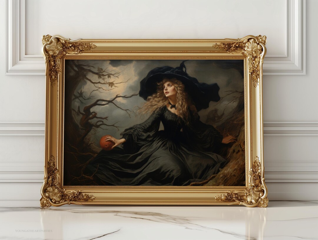Victorian Witch Oil Painting Wall Art Print Witch With a Black Hat in ...