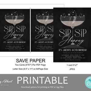 Sip Sip Hooray Birthday Invitation Template, Editable Adult Surprise ...