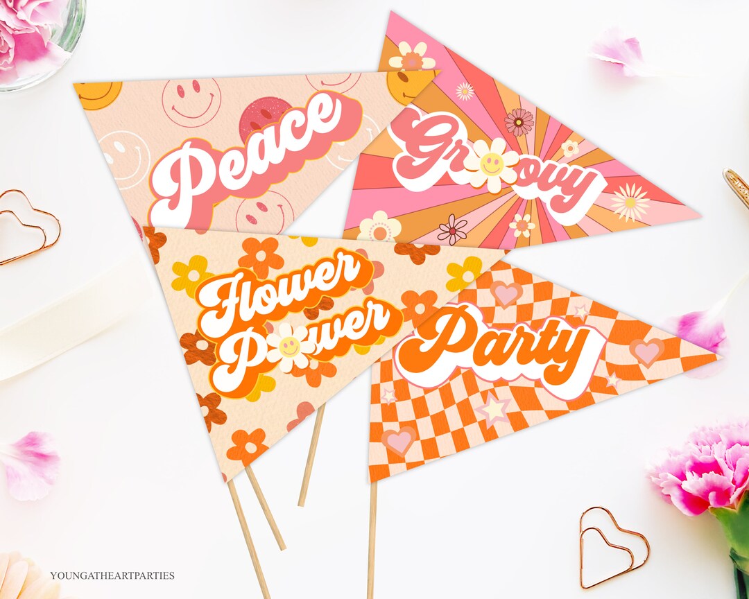 Hippie Groovy Birthday Party Pennant Flags, Printable Retro Pink and ...
