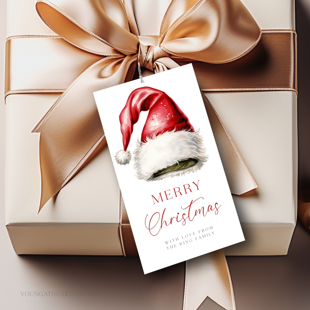 Editable Red Santa Hat Gift Tag Holiday Favor Tag Merry Christmas Gift ...