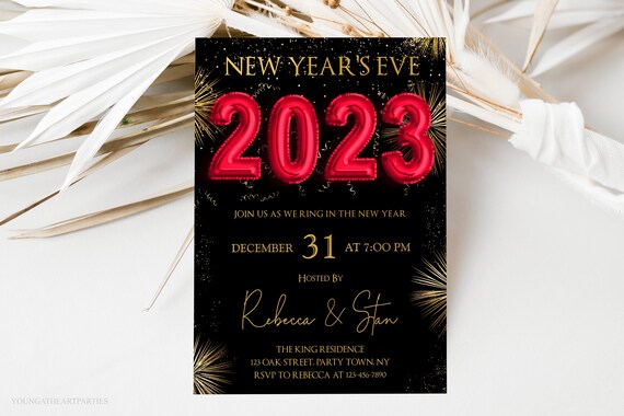 Editable 2023 New Years Eve Invitation, NYE Party Invitation, Red Gold ...
