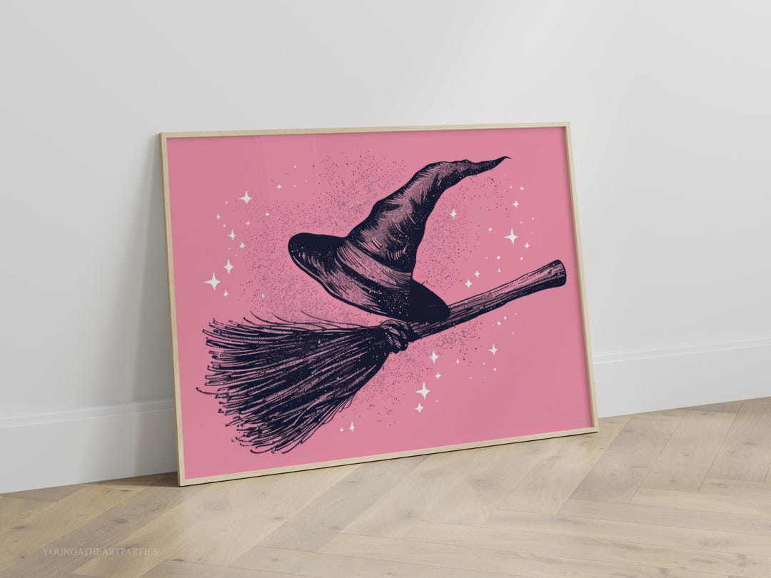 Pink Witch Art Print, Black Witch Hat Art, Black Witch Broom Art, Witch ...