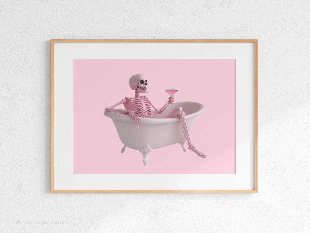 Pink Skeleton in a Bathtub With a Cocktail Wall Art Print, Funny ...