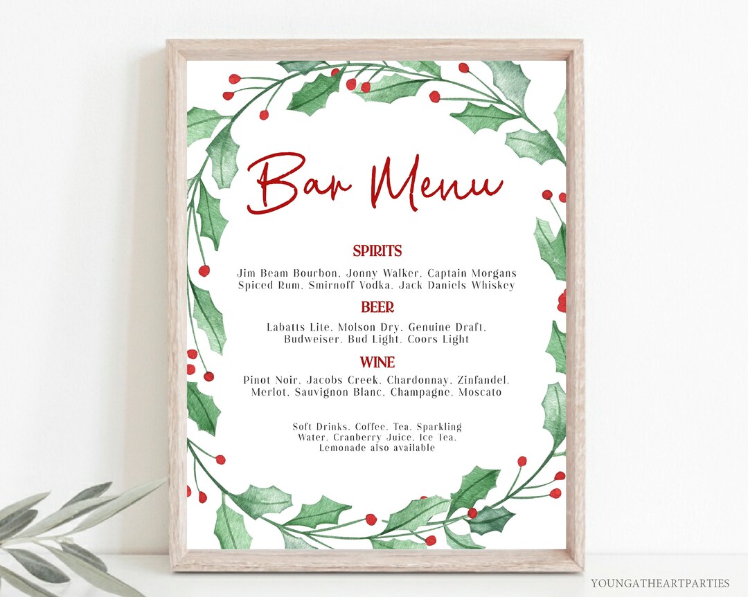 Christmas Bar Menu Template, Editable Christmas Drinks Sign, Printable ...