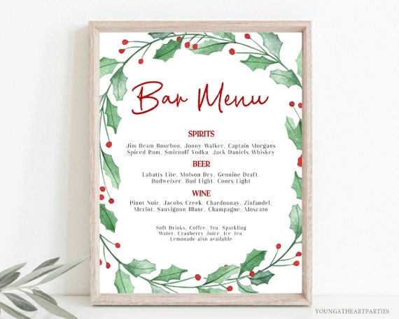 Christmas Bar Menu Template, Editable Christmas Drinks Sign, Printable ...