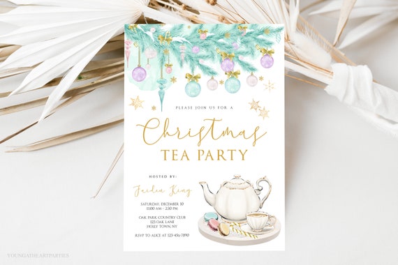 Editable Pastel Christmas Tea Party Invitation, Holiday Tea Party ...