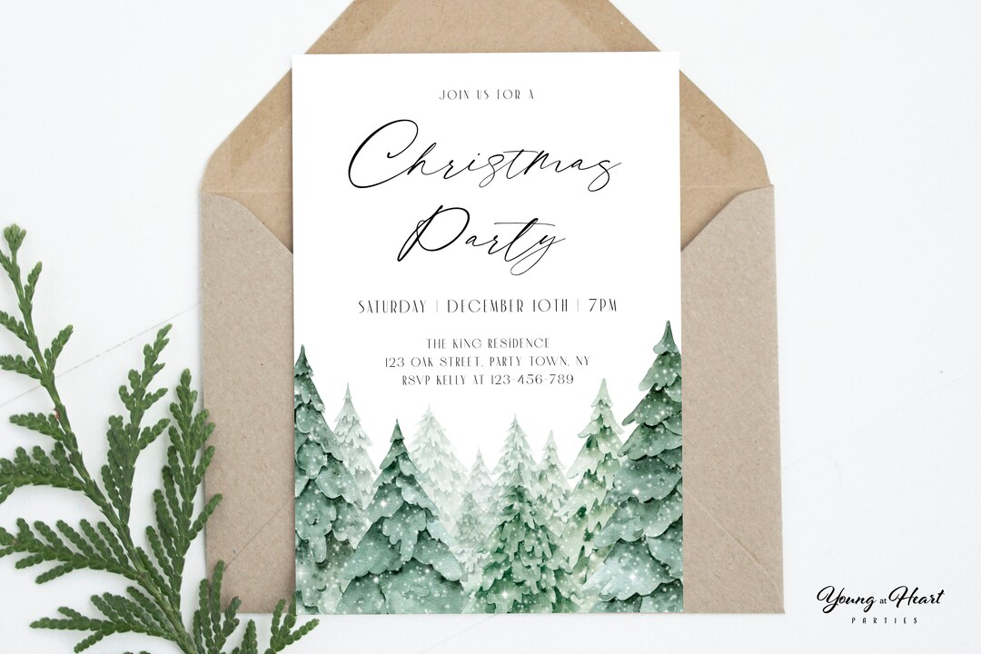 Winter Forest Christmas Party Invitation, Modern Rustic Holiday Invite ...