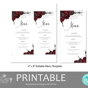 Gothic Floral Wedding Menu Card Template, Editable Halloween Wedding ...