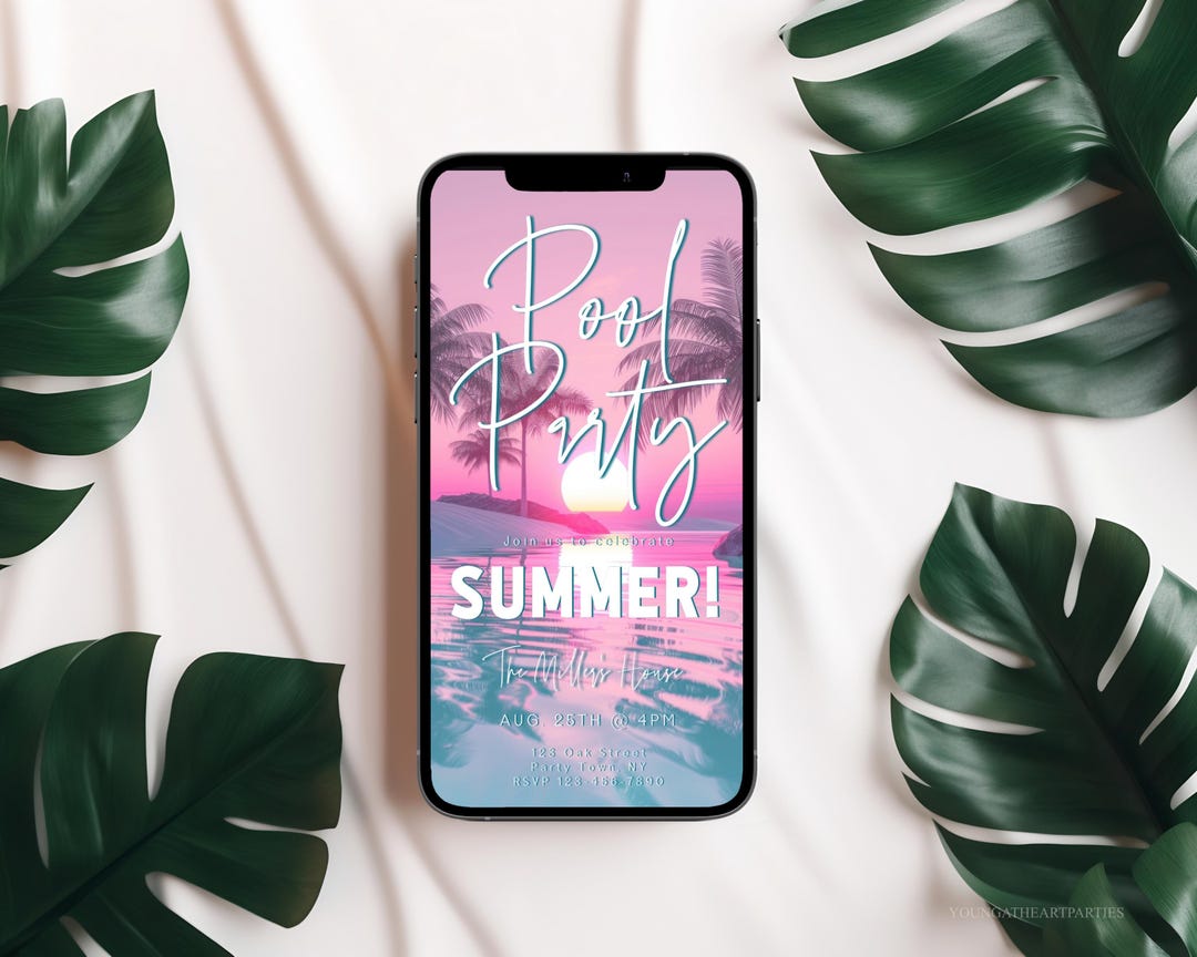 Pink Pastel Pool Party Text Invitation, Retro 80's Summer Pool Party ...