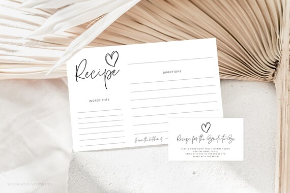 Minimalist Recipe Card Template, Modern Bridal Shower Recipe Insert ...