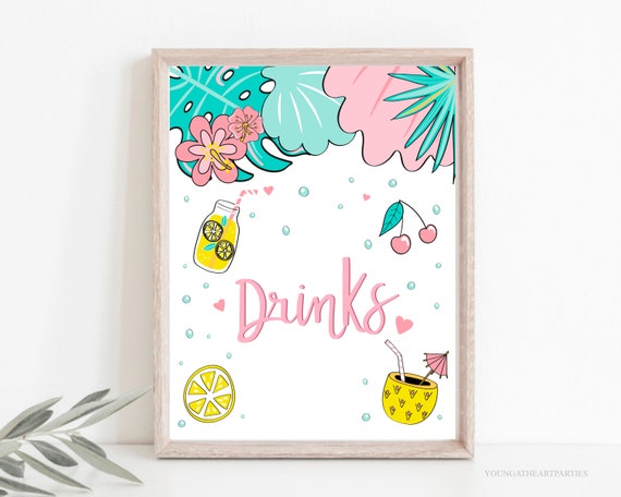 Pastel Pink Pool Party Drinks Party Sign, Girls Pool Party Drinks Table ...