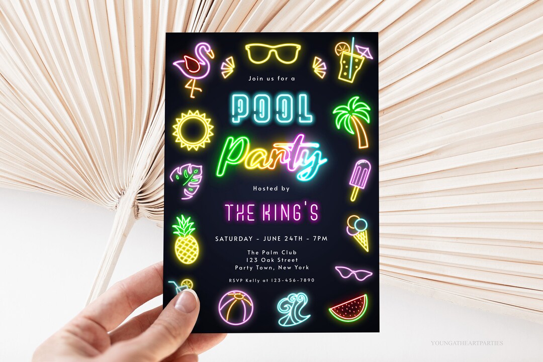 Neon Summer Pool Party Invitation, Backyard Party Invitation, Summer ...