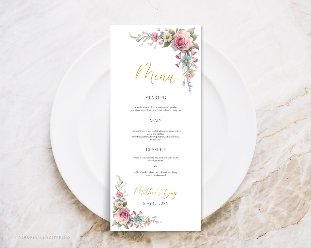 Pretty Floral Mother's Day Menu, Moms Day Brunch Menu Template, Floral ...
