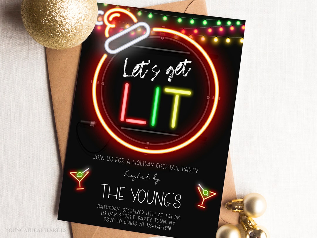 Editable Let's Get Lit Invitation, Holiday Cocktail Party Invitation ...