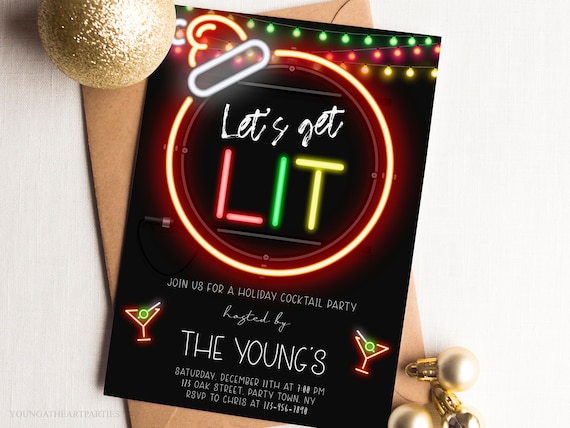 Editable Let's Get Lit Invitation, Holiday Cocktail Party Invitation ...