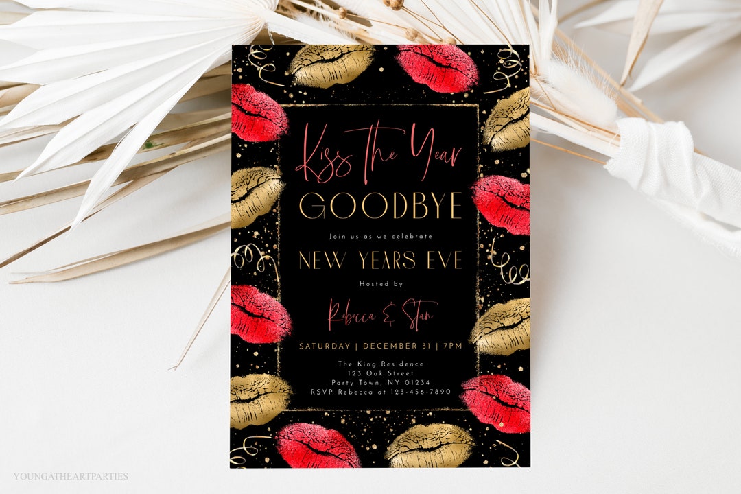Red and Gold New Years Eve Party Invitation Template, Kiss the Year ...