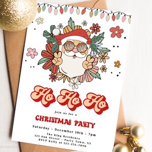 Editable Retro Groovy Santa Christmas Party Invitation, Groovy Ho Ho Ho ...