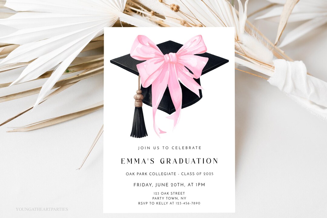 Editable Pink Bow Graduation Party Invitation, Graduation Announcement ...