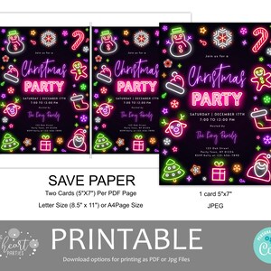 Neon Christmas Party Invitation Template, Editable Neon Holiday Party ...