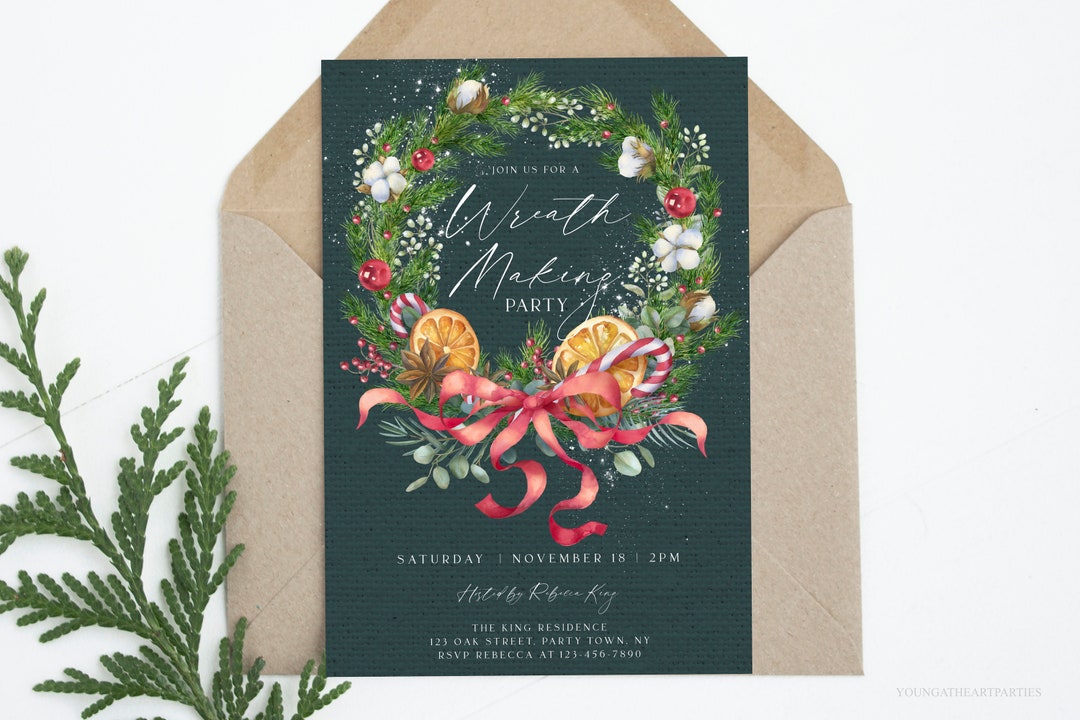 Editable Christmas Wreath Making Party Invitation, Holiday Wreath ...