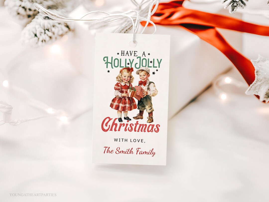 Retro Christmas Kids Holly Jolly Christmas Gift Tag Template Vintage ...