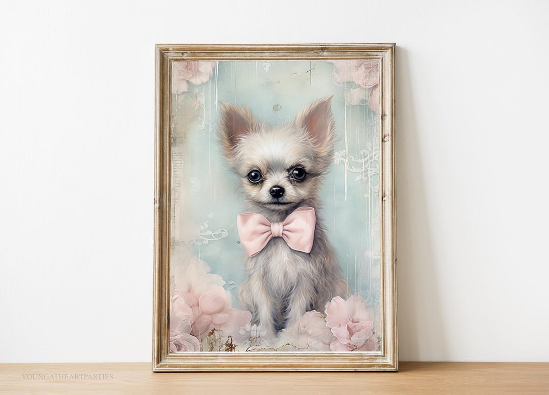 Coquette Cute Puppy With Pink Bow Art Print, Shabby Chic Little Dog ...
