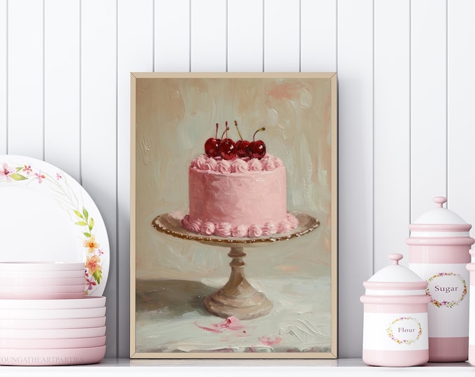 Retro Cake Print Cherry on Top Cute Cake Art Painting Pink Red Art ...