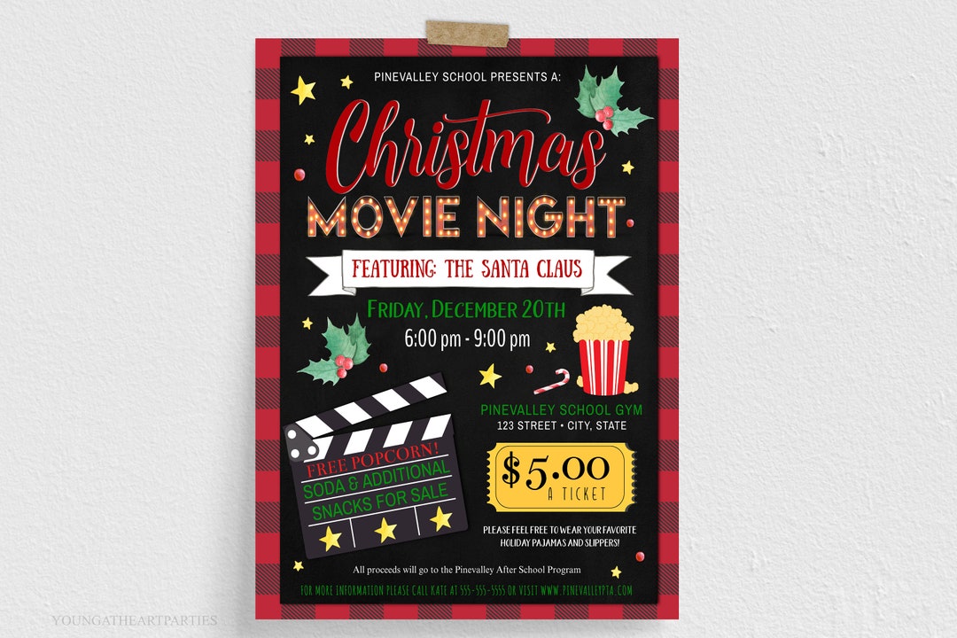 Christmas Movie Night Flyer Template, Editable Holiday Cinema Party ...