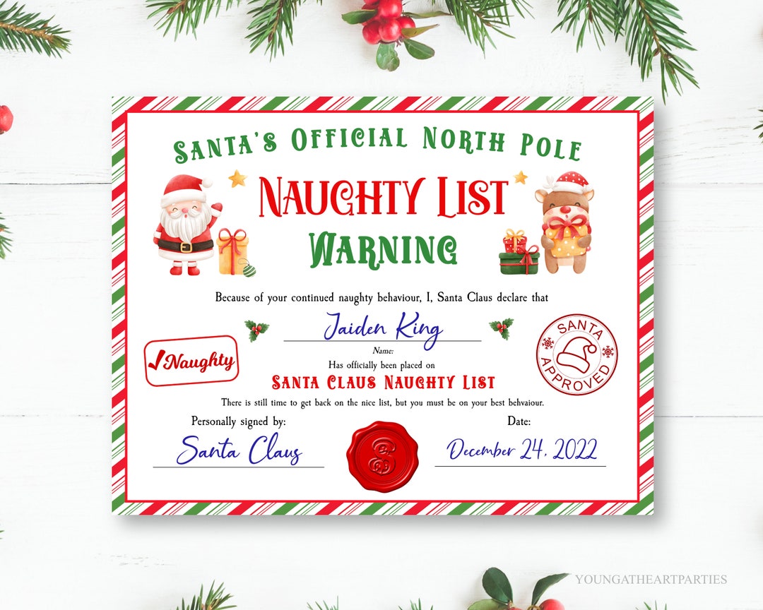 Editable Santa Claus Official Naughty List Warning Letter Certificate ...