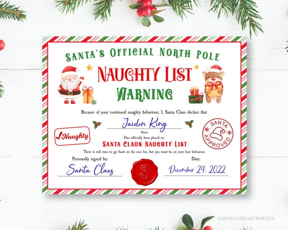 Editable Santa Claus Official Naughty List Warning Letter Certificate ...