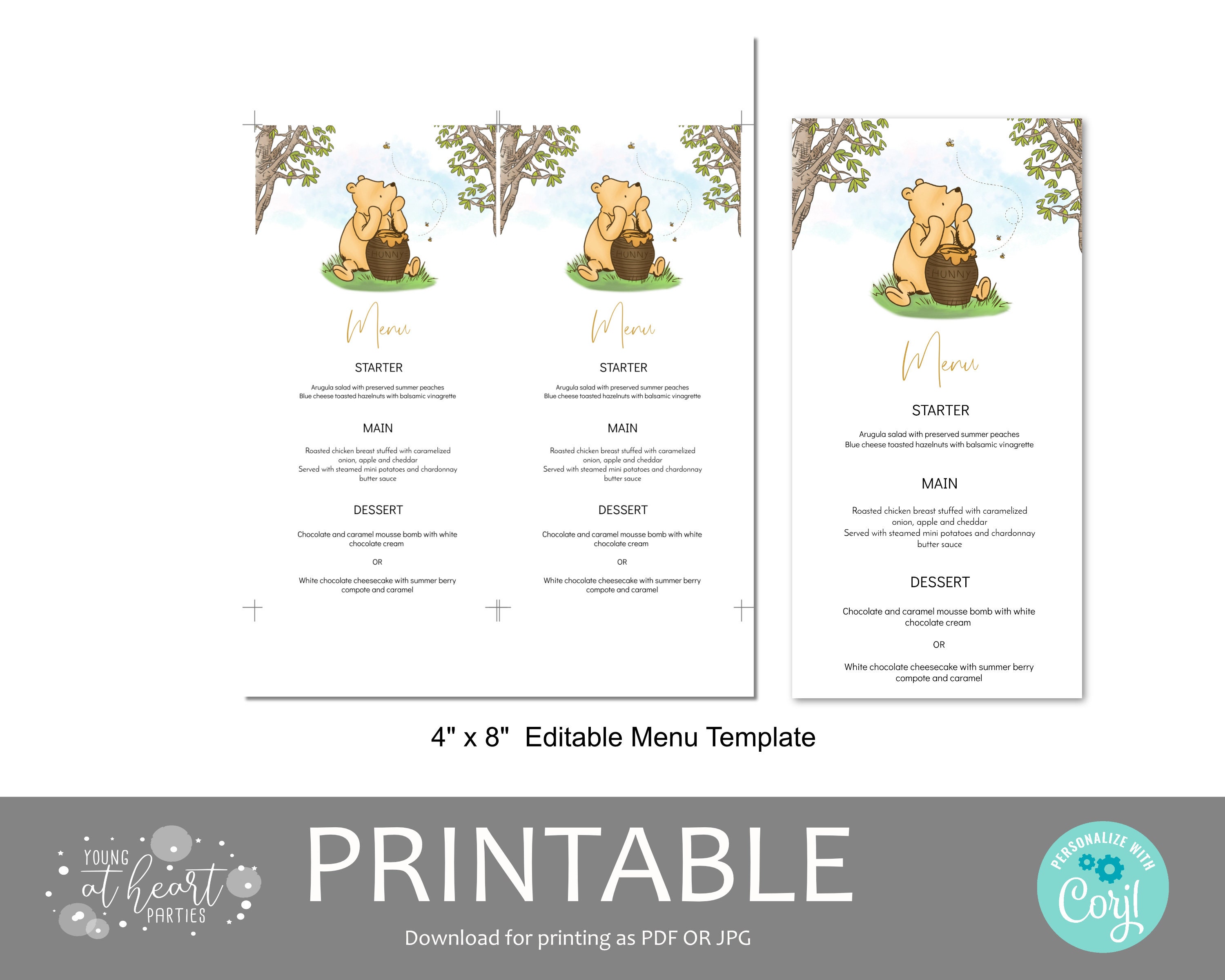 Classic Winnie the Pooh Menu Card Template Editable Pooh Bear - Etsy