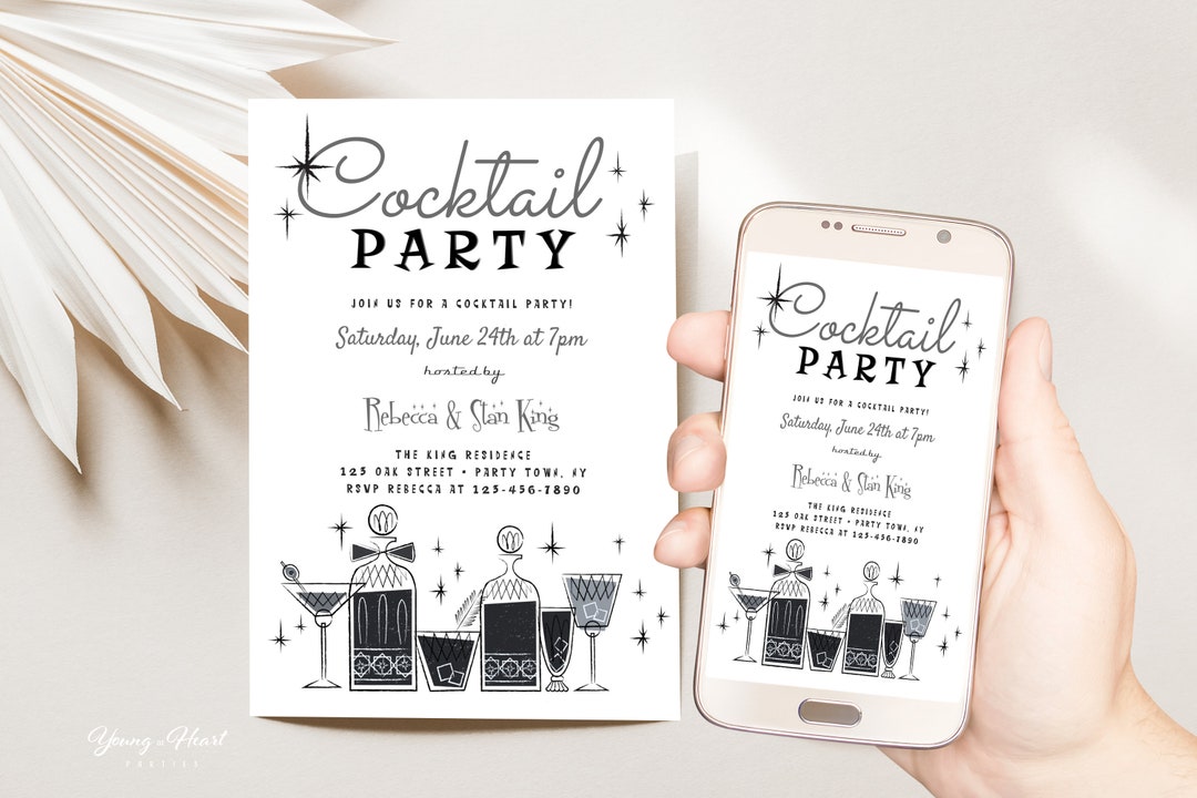 Editable 50s Cocktail Party Invite, Modern Retro Party Invite, Mid ...