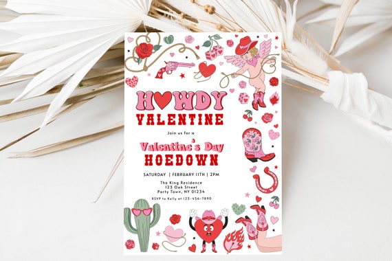 Groovy Valentine's Day Cowboy Party Invite, Editable Valentine's Day ...
